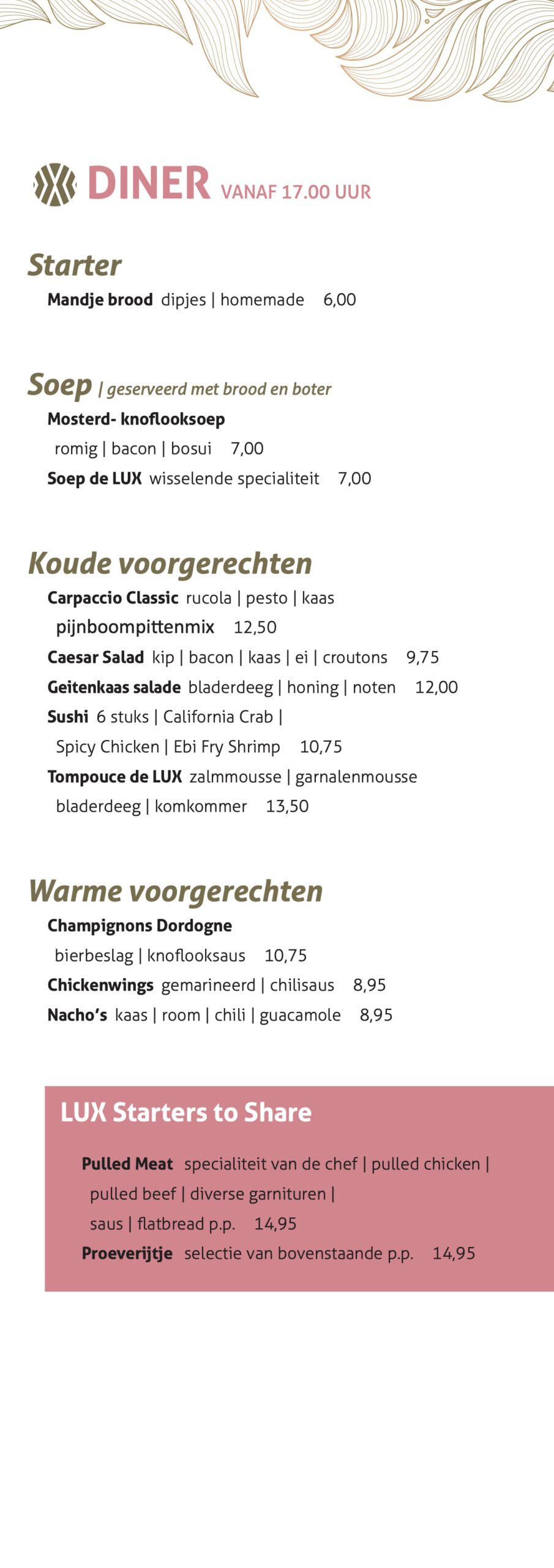 DINERKAART - Brasserie Lux